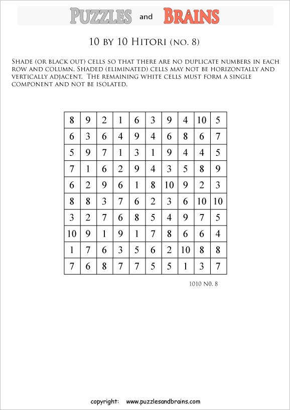 Printable 10 by 10 Hitori logic puzzles for kids and adults