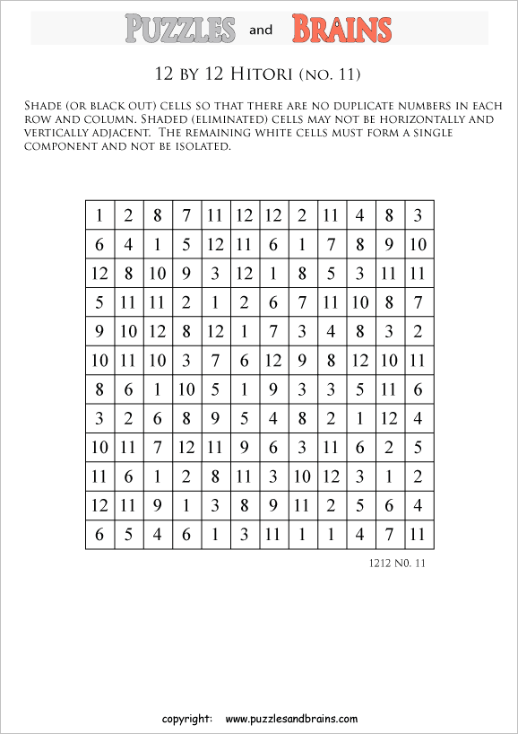 Printable 12 by 12 Hitori logic puzzles for kids and adults